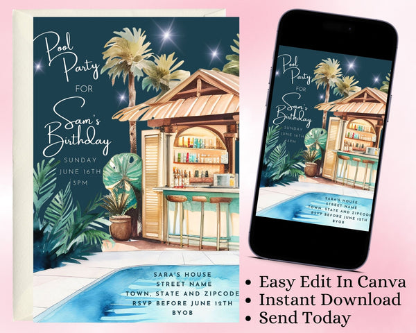 Pool Party Tiki Bar Editable Invitation Personalize Share Any Occasion ...